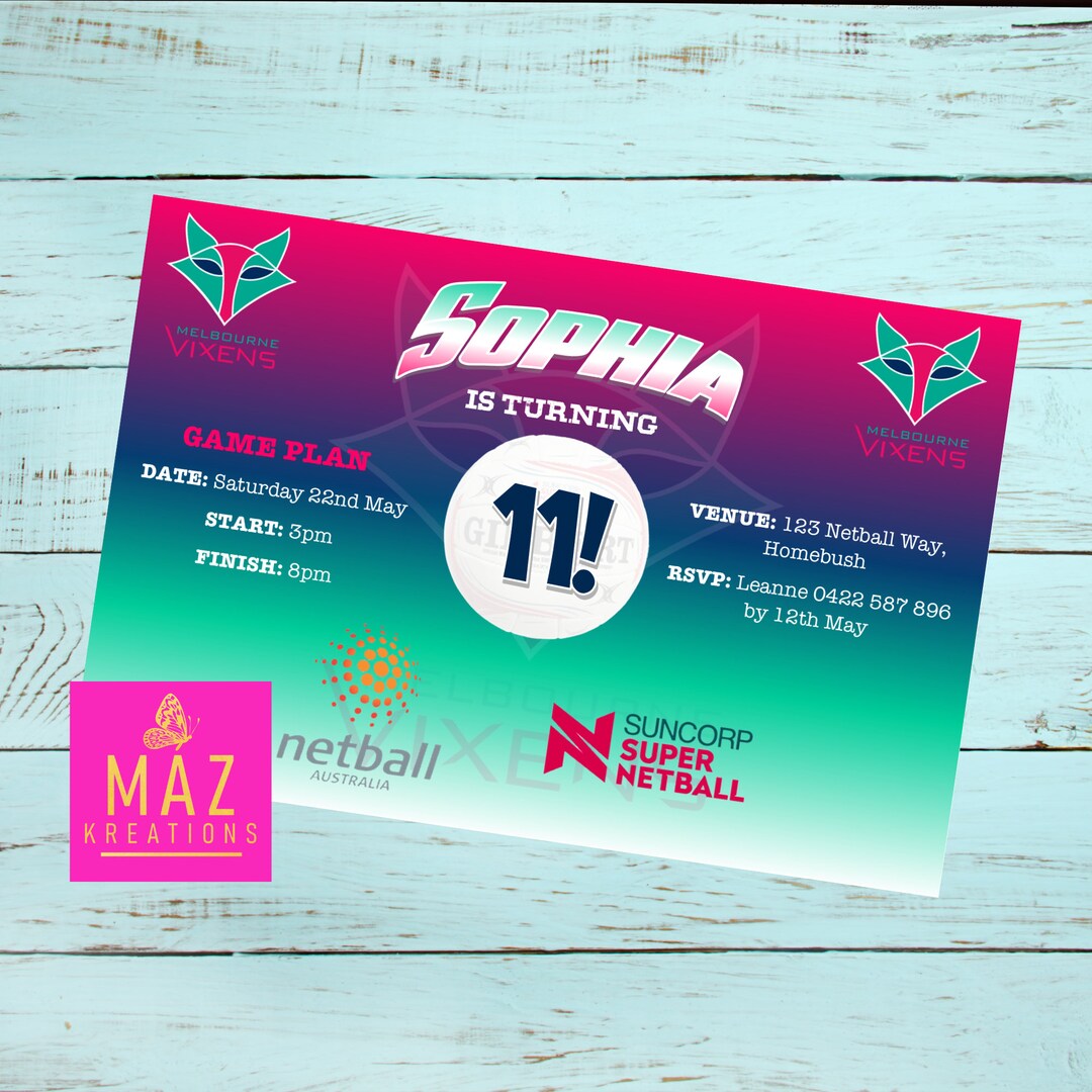 Melbourne Vixens Netball Themed Birthday Invitations DIGITAL PRINT - Etsy