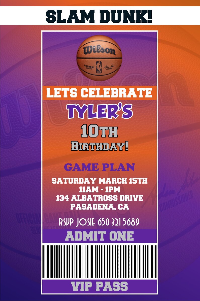 Phoenix Suns Basketball NBA Themed Birthday Invitations DIGITAL PRINT ...