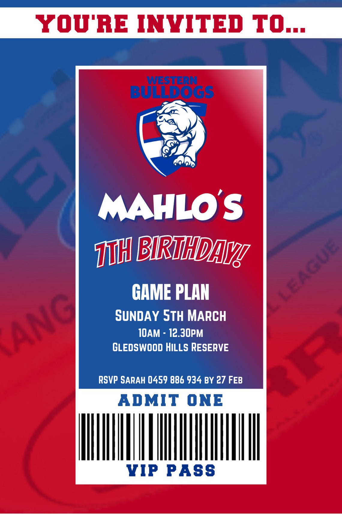 Western Bulldogs - AFL Themed Birthday Invitation - DIGITAL PRINT - Etsy
