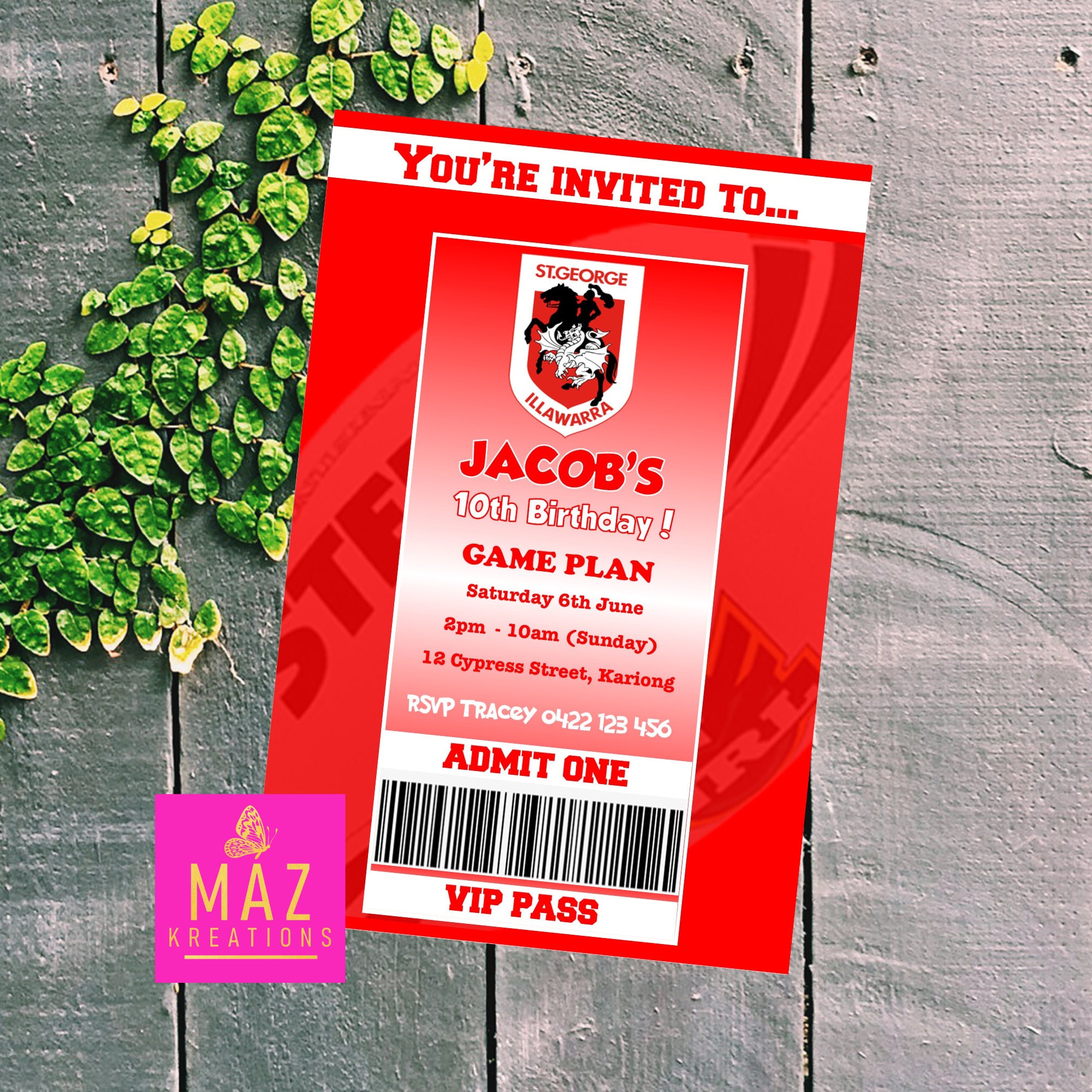 St George Illawarra Dragons NRL Themed Birthday Invitation - Etsy
