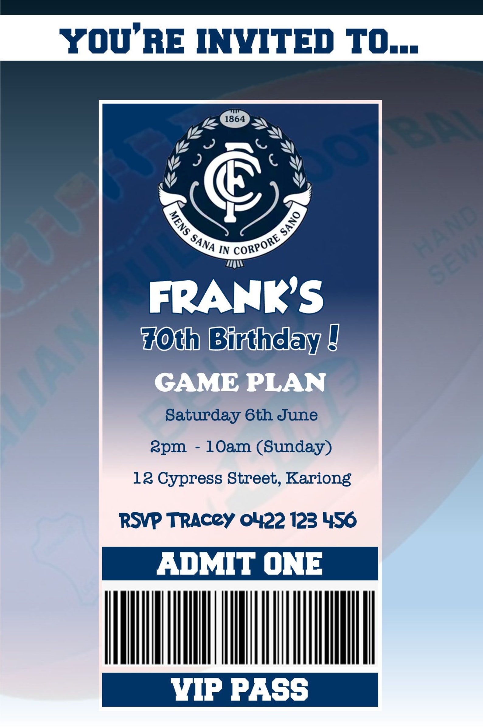 Carlton Football Club AFL Themed Birthday Invitation | Etsy