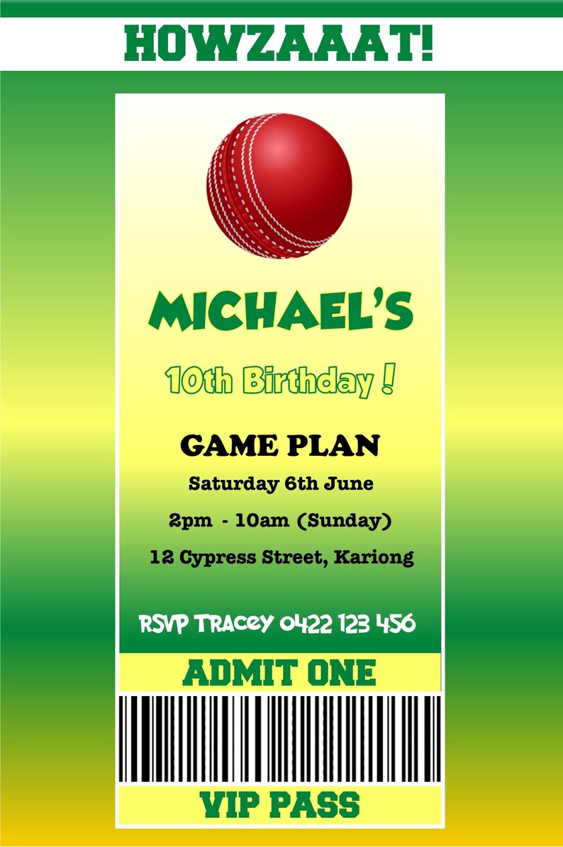 Cricket Themed Birthday Invitation Australian Team Colours - Etsy