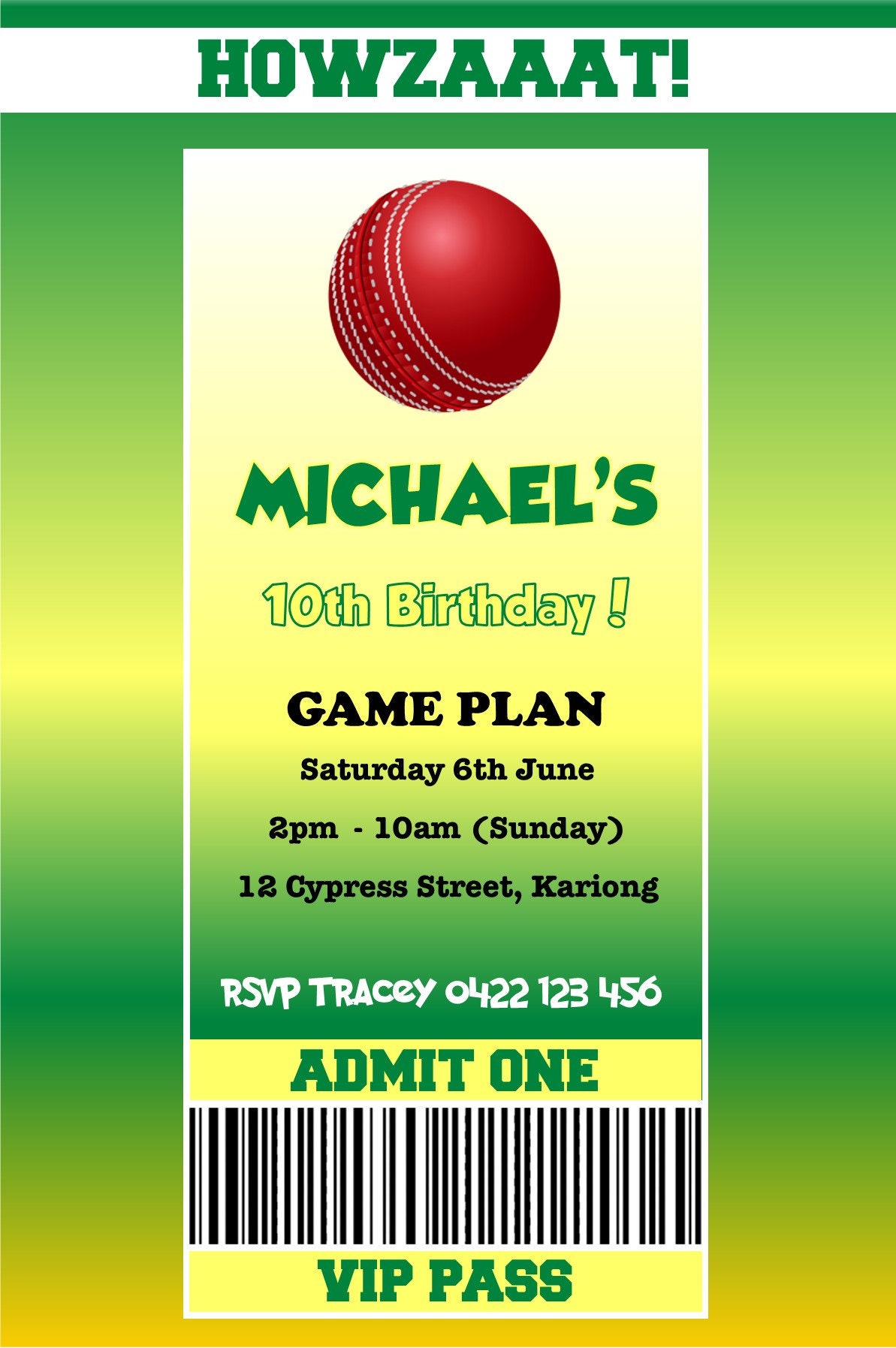 Cricket Themed Birthday Invitation Australian Team Colours - Etsy