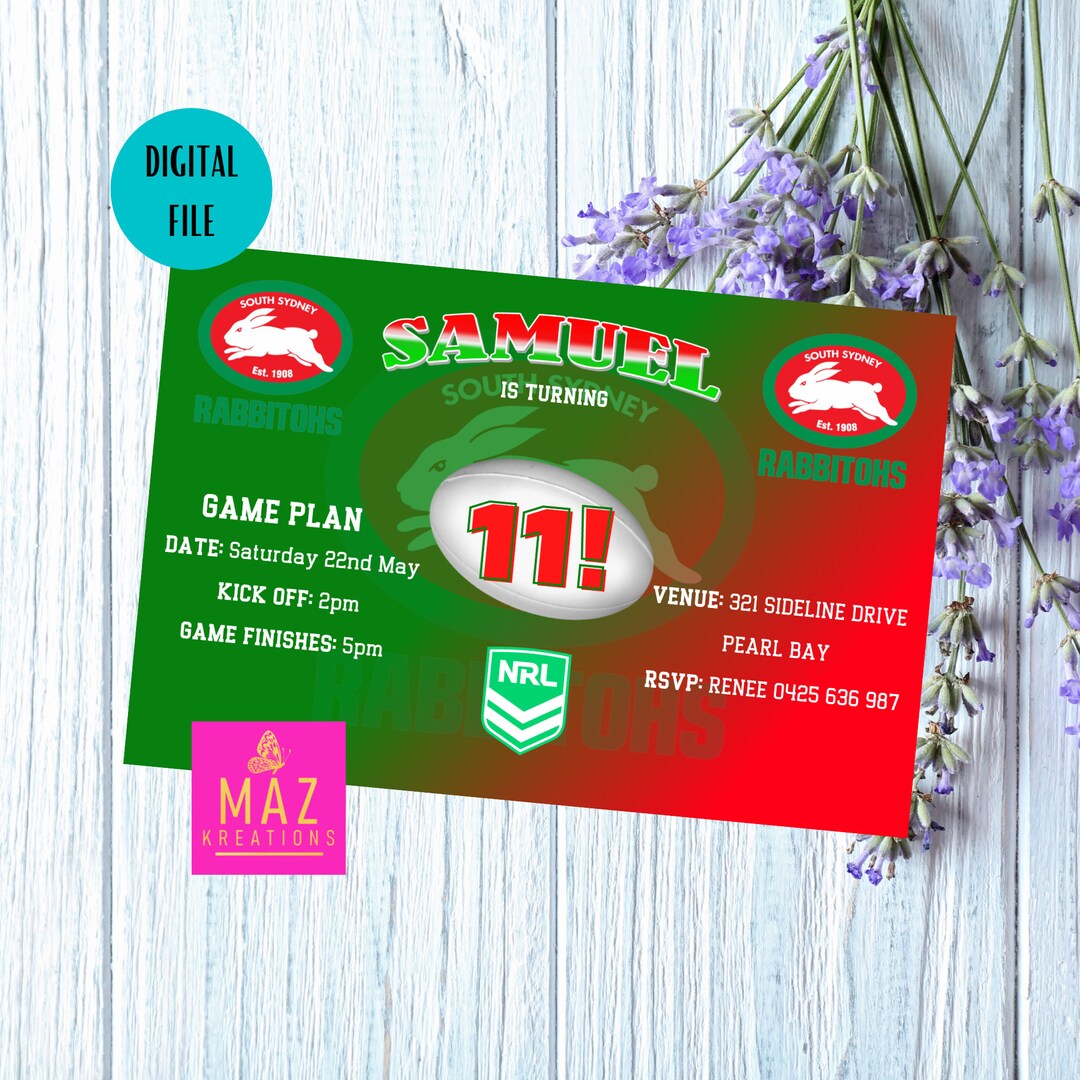 South Sydney Rabbitohs NRL Themed Birthday Invitation - Etsy