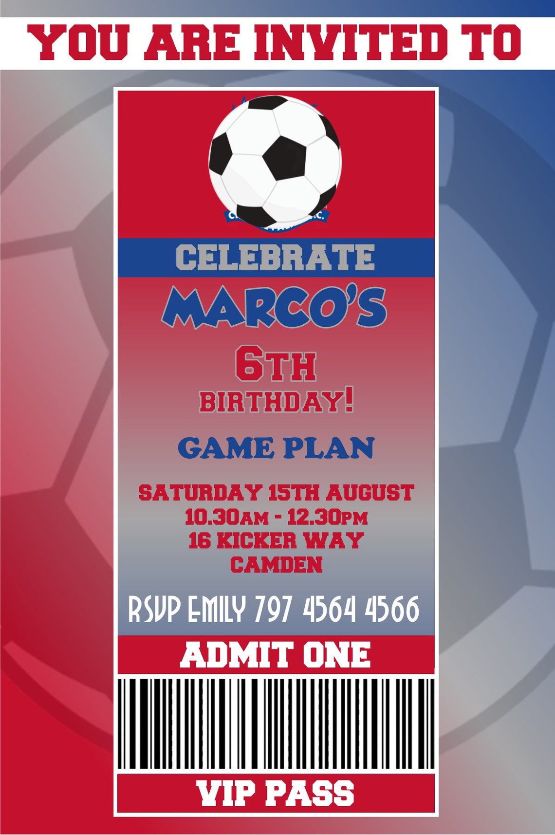 Soccer Themed Birthday Invitations DIGITAL PRINT in Your EPL Team ...