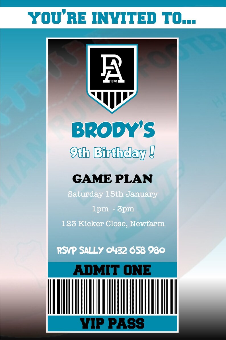 Port Adelaide Power AFL Themed Birthday Invitation DIGITAL - Etsy
