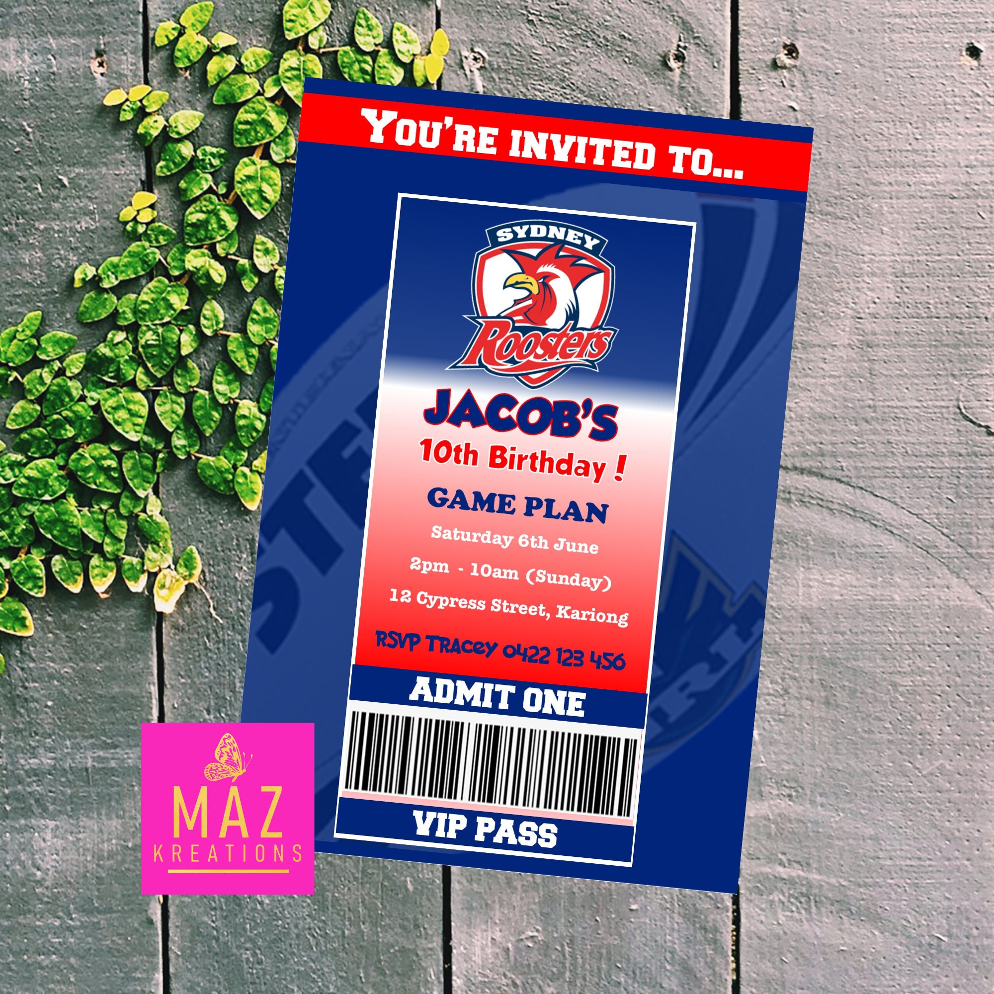 Sydney Roosters NRL themed Birthday Invitation DIGITAL | Etsy