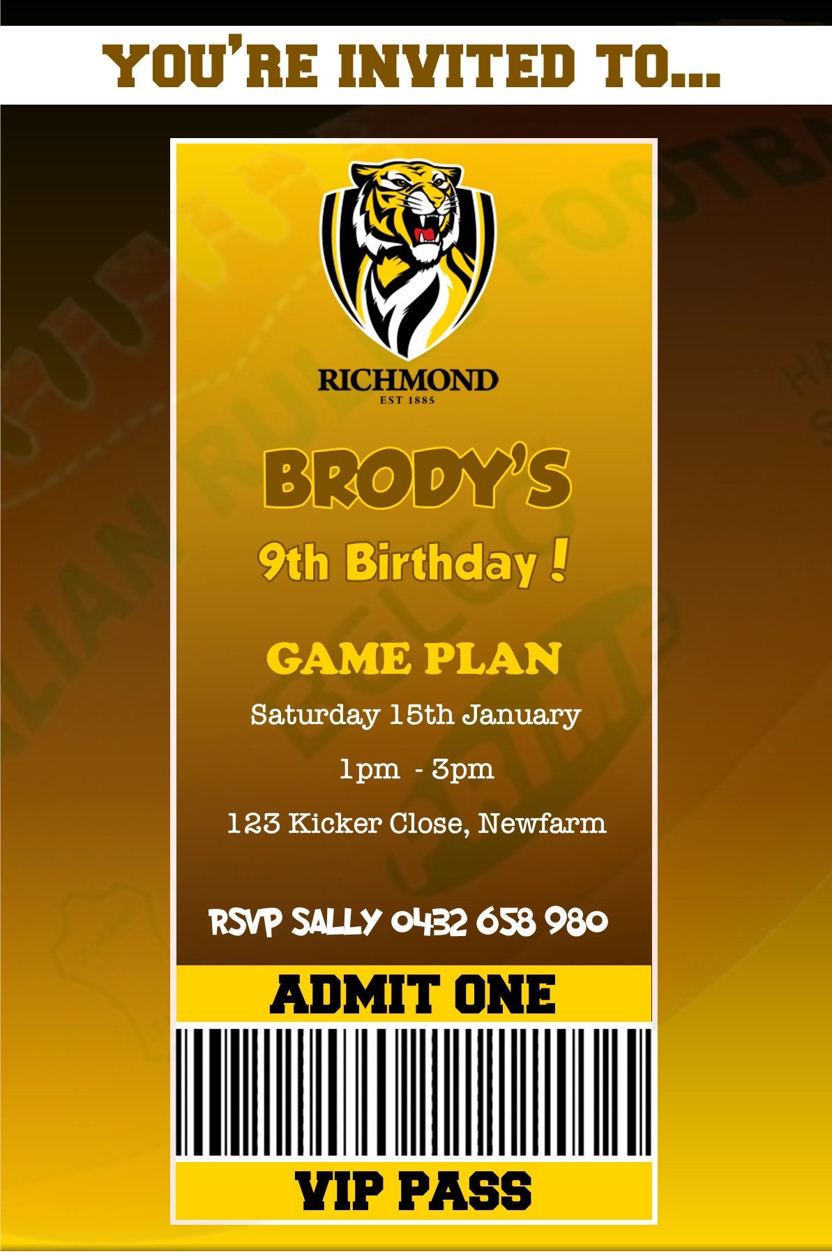 Richmond Tigers AFL Themed Birthday Invitation DIGITAL - Etsy Australia
