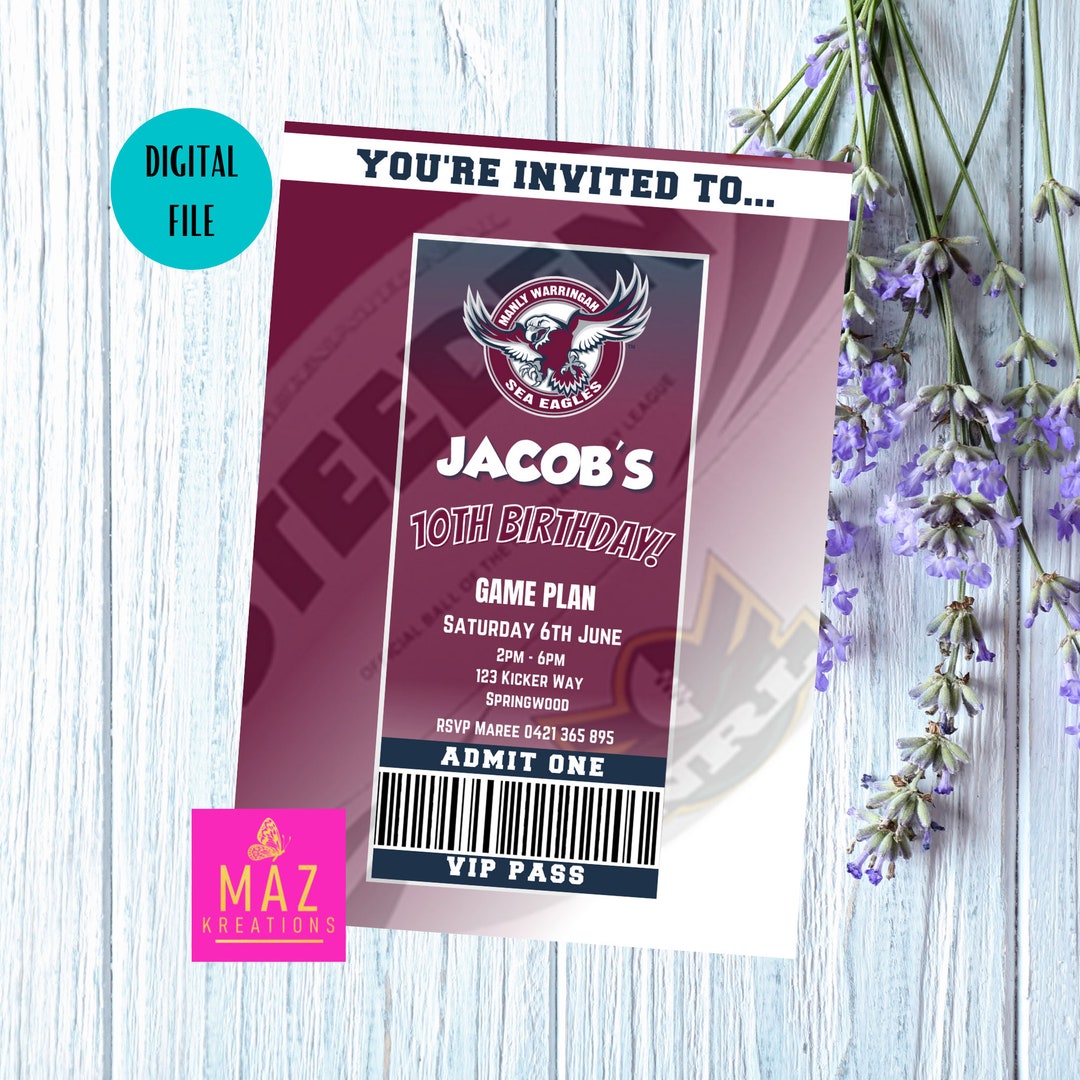 Manly Sea Eagles NRL Themed Birthday Invitation DIGITAL PRINT - Etsy