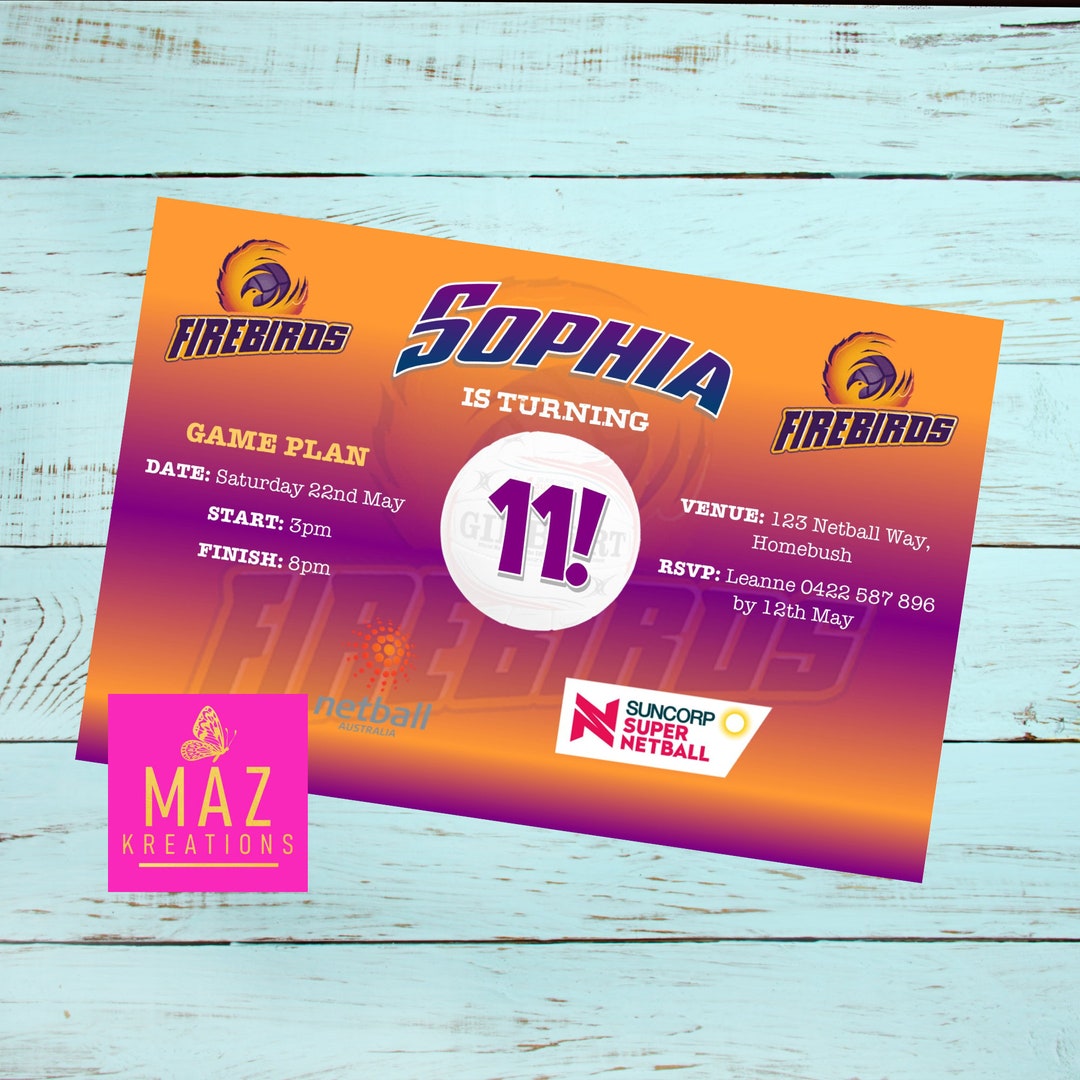 Queensland Firebirds Netball Themed Birthday Invitations DIGITAL PRINT ...