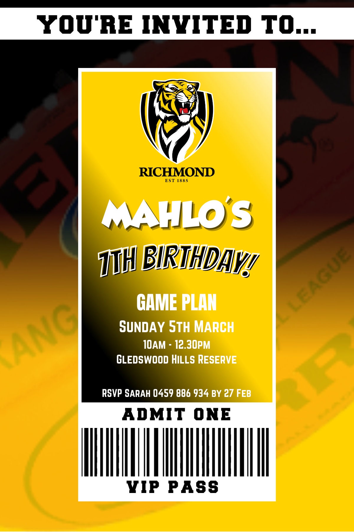 Richmond Tigers AFL Themed Birthday Invitation DIGITAL PRINT - Etsy