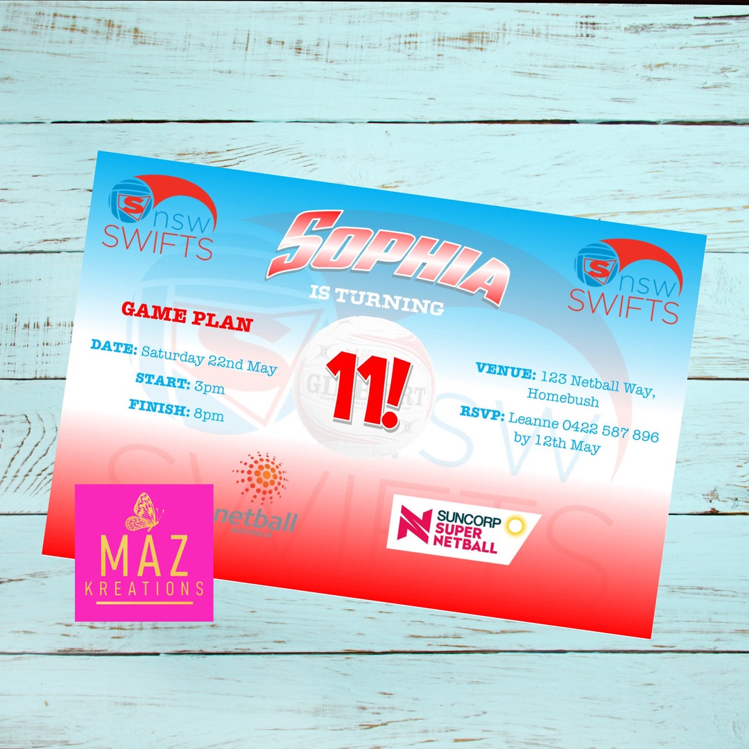 NSW Swifts - Netball Themed Birthday Invitations - DIGITAL PRINT - Etsy