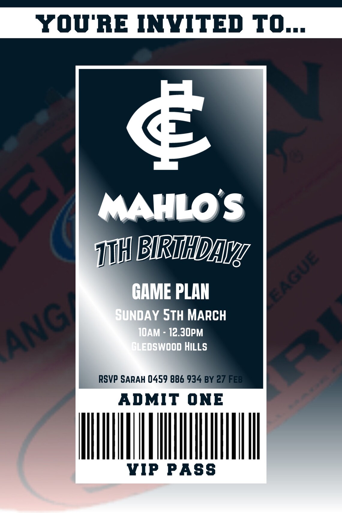 Carlton Football Club - AFL Themed Birthday Invitation - DIGITAL PRINT ...