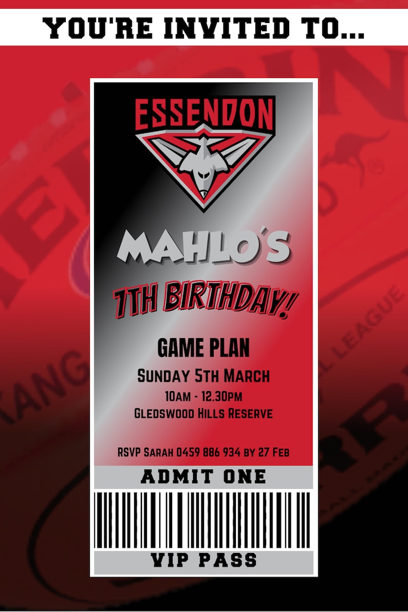 Essendon Bombers - AFL Themed Birthday Invitation - DIGITAL PRINT ...