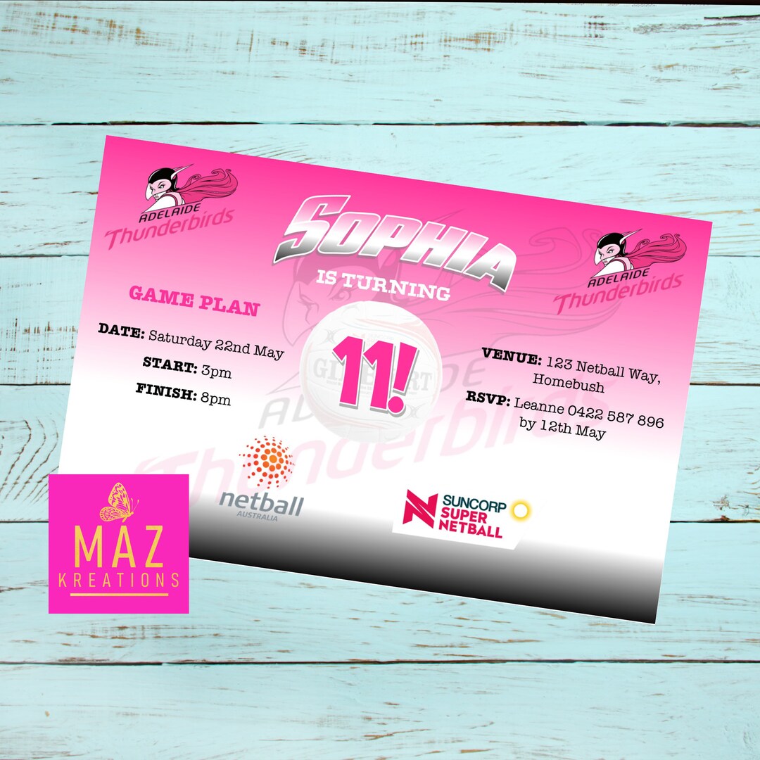 Adelaide Thunderbirds - Netball Themed Birthday Invitations - DIGITAL ...