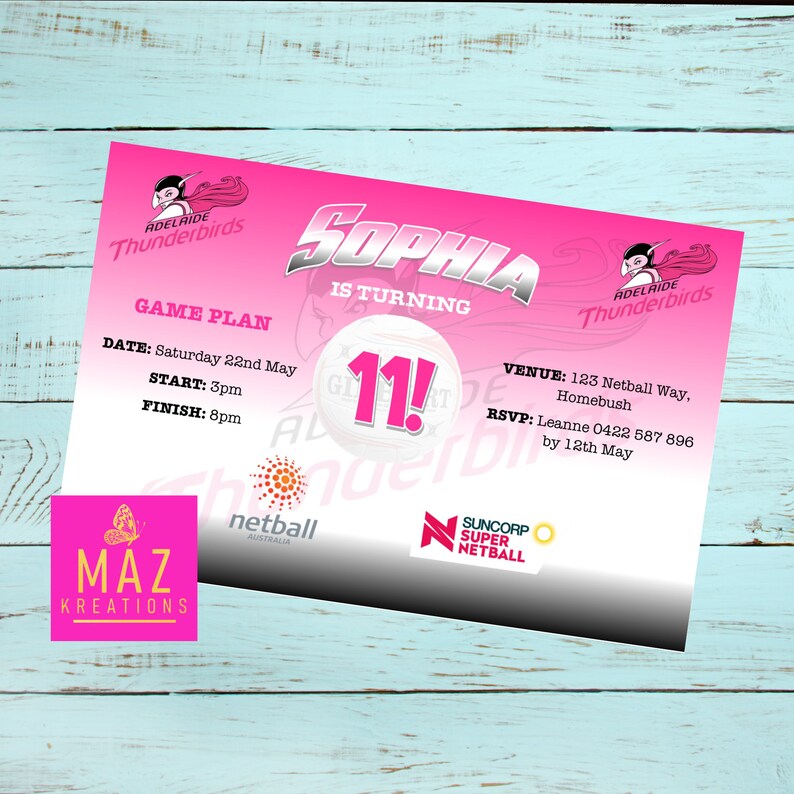 Adelaide Thunderbirds - Netball Themed Birthday Invitations - DIGITAL ...
