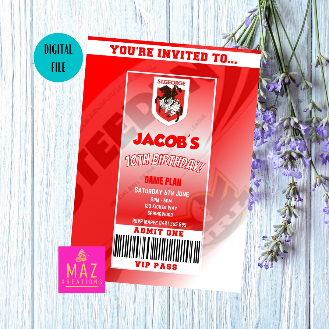 St George Illawarra Dragons NRL Themed Birthday Invitation DIGITAL ...