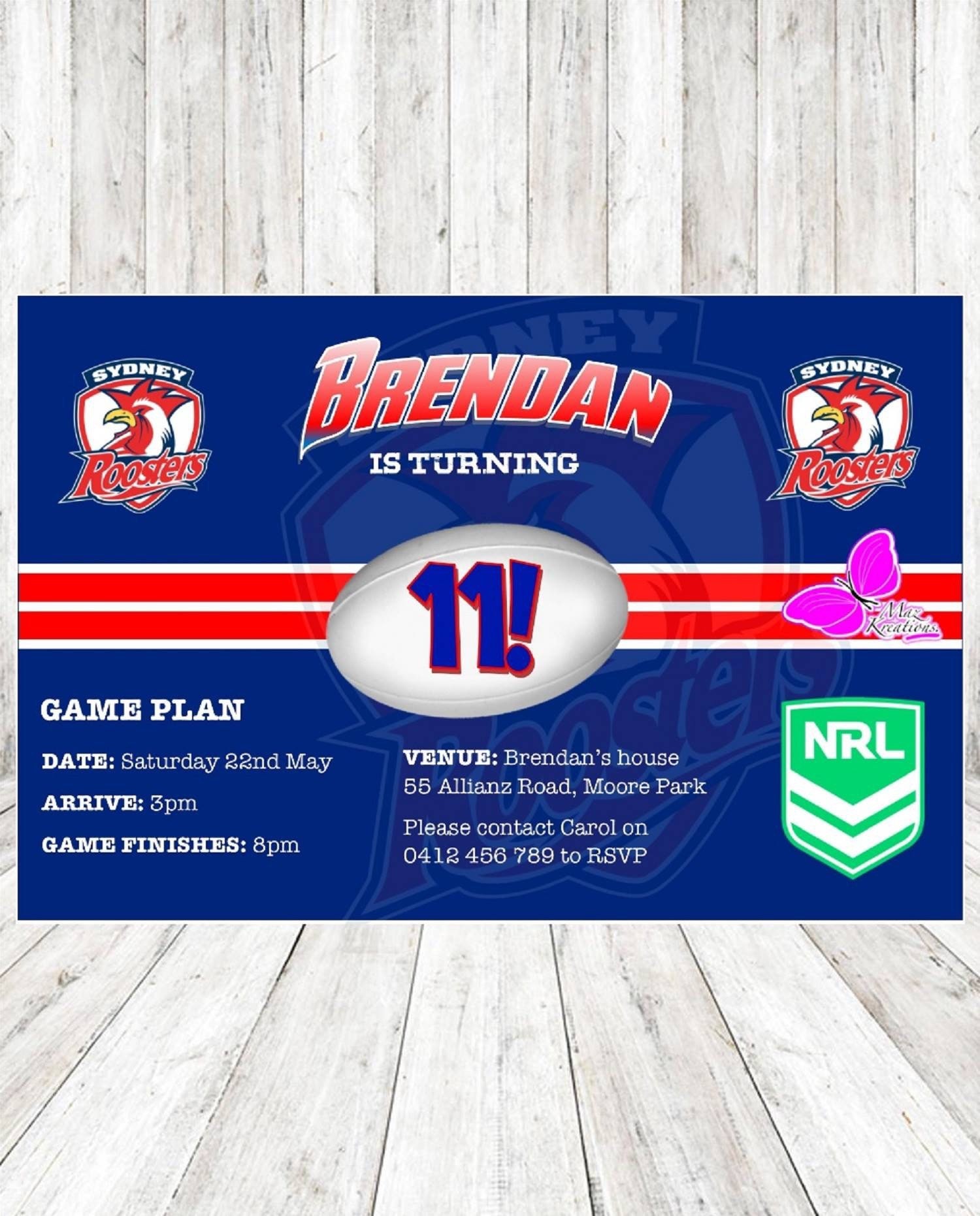 Sydney Roosters NRL themed Birthday Invitations DIGITAL | Etsy