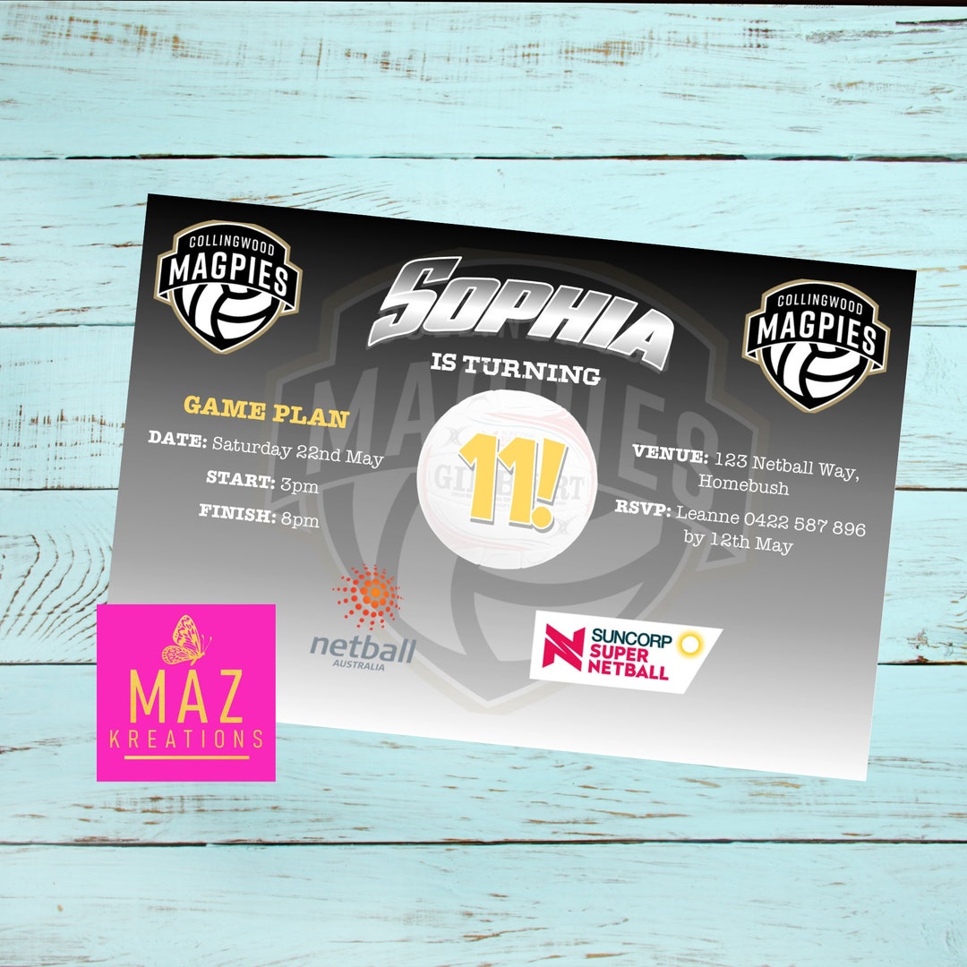 Collingwood Magpies Netball Themed Birthday Invitations DIGITAL PRINT ...