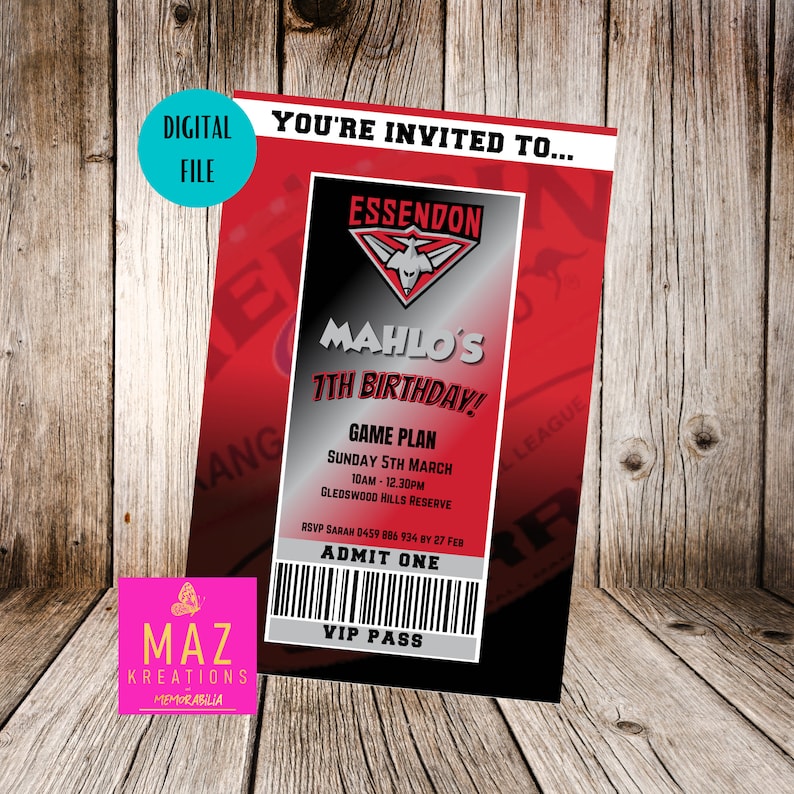 Essendon Bombers - AFL Themed Birthday Invitation - DIGITAL PRINT ...