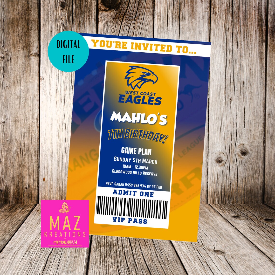West Coast Eagles AFL Themed Birthday Invitation DIGITAL PRINT - Etsy