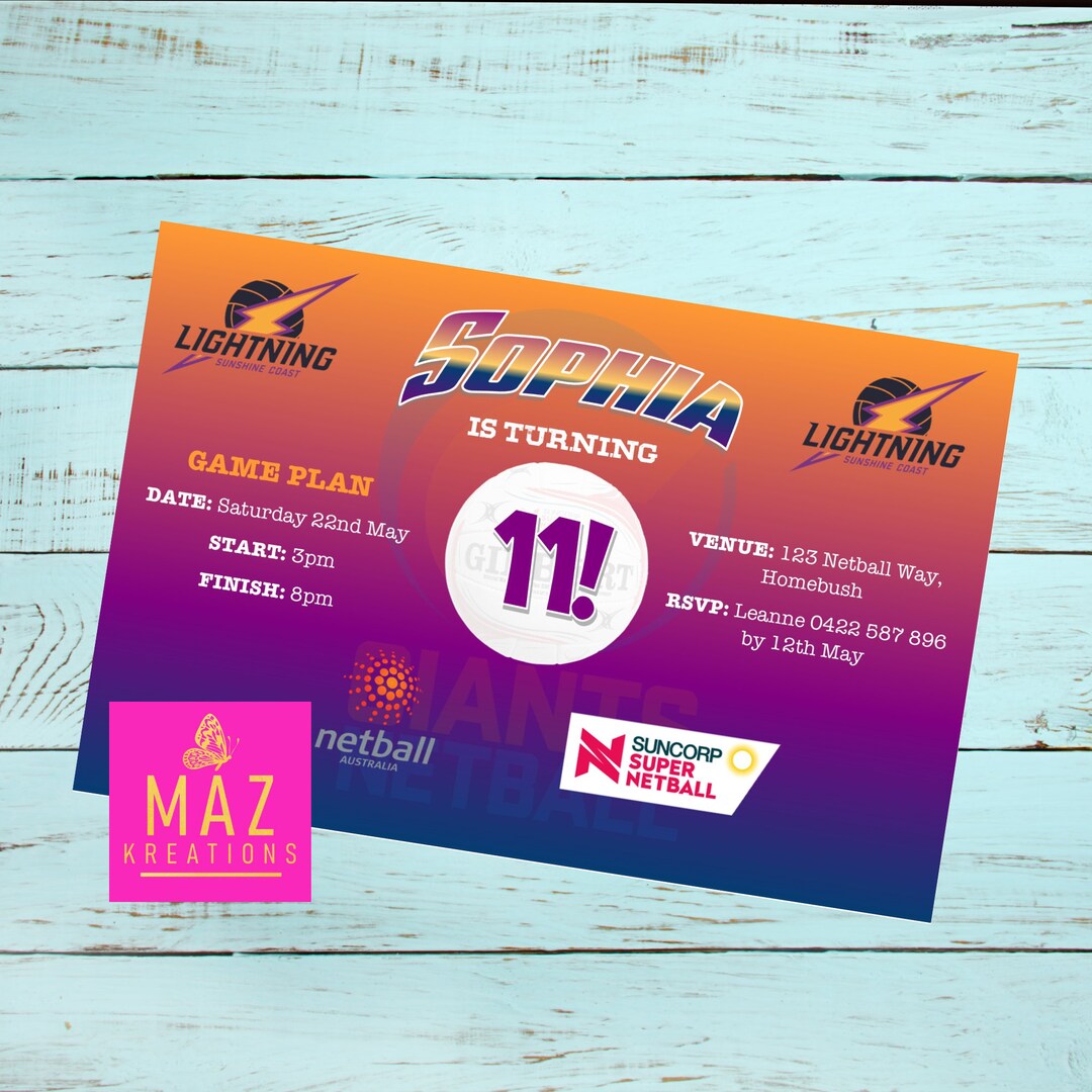 Sunshine Coast Lightning - Netball Themed Birthday Invitations ...