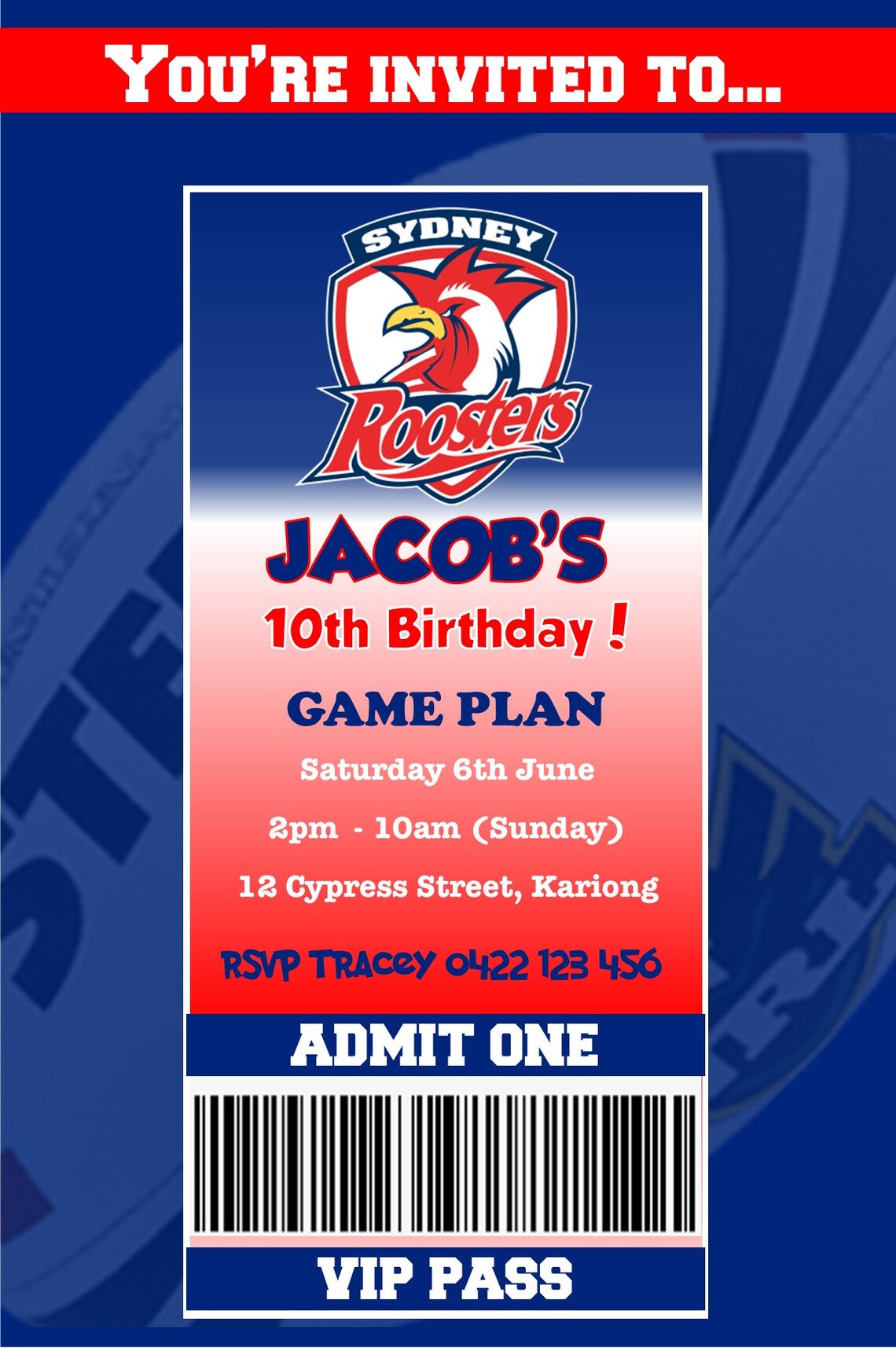 Sydney Roosters NRL themed Birthday Invitation DIGITAL | Etsy