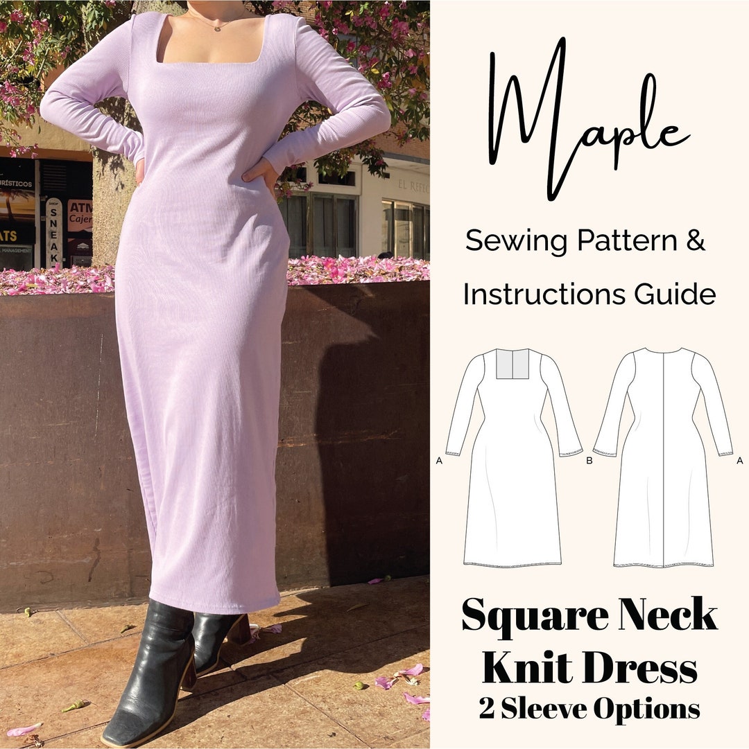 Maple Square Neck Knit Dress PDF Sewing Pattern | 15 Sizes From 32"-53 ...