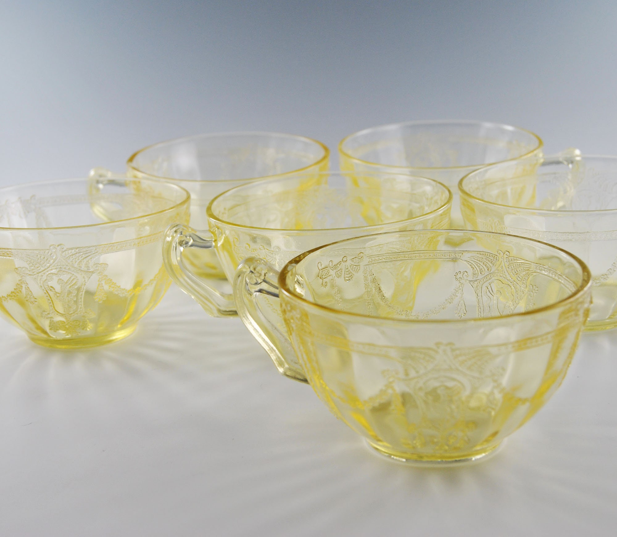 Six Cups, Yellow Cameo, Ballerina, Dancing Girl, Depression Glass ...