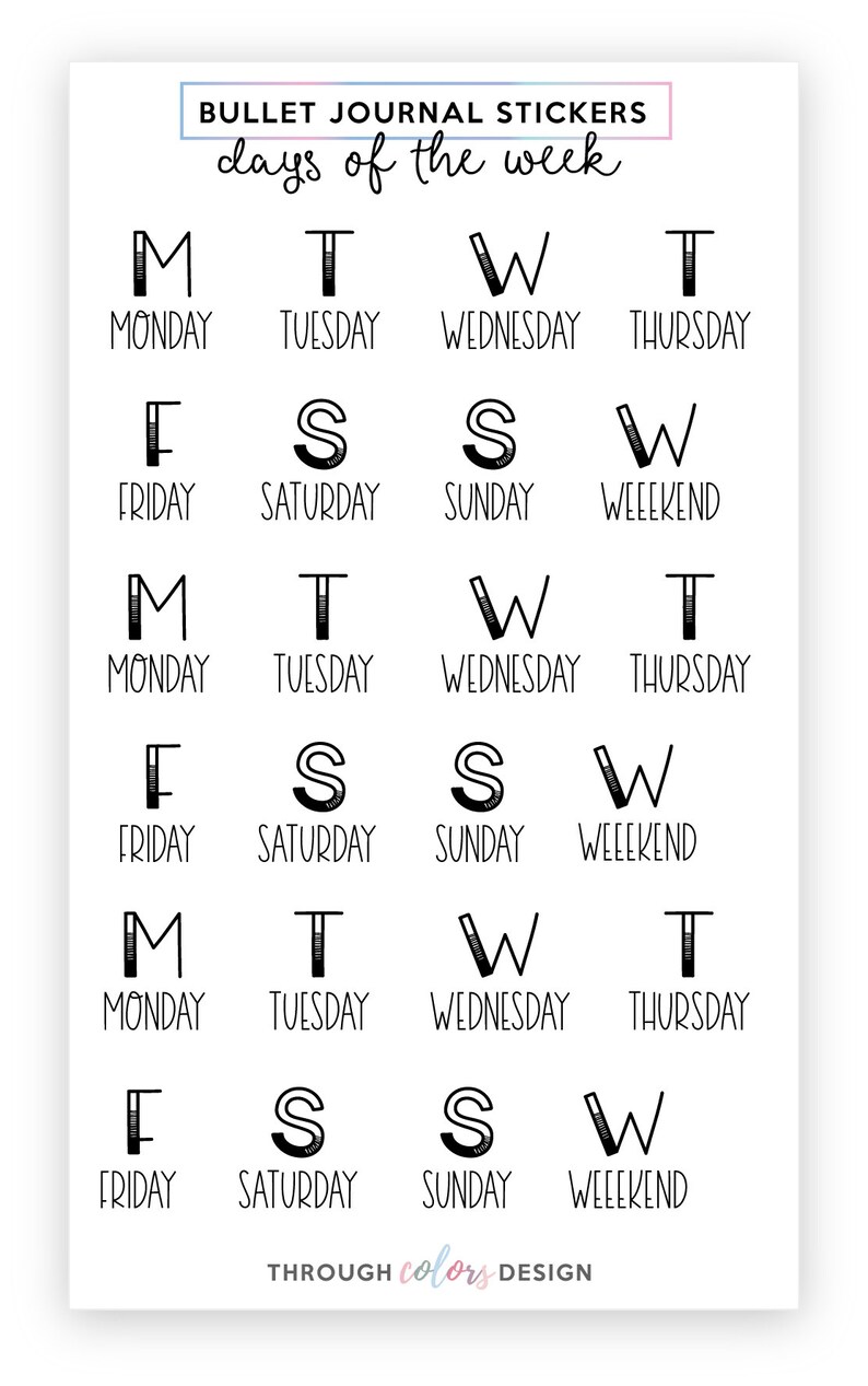 Days of the week bullet journal stickers days of the week | Etsy