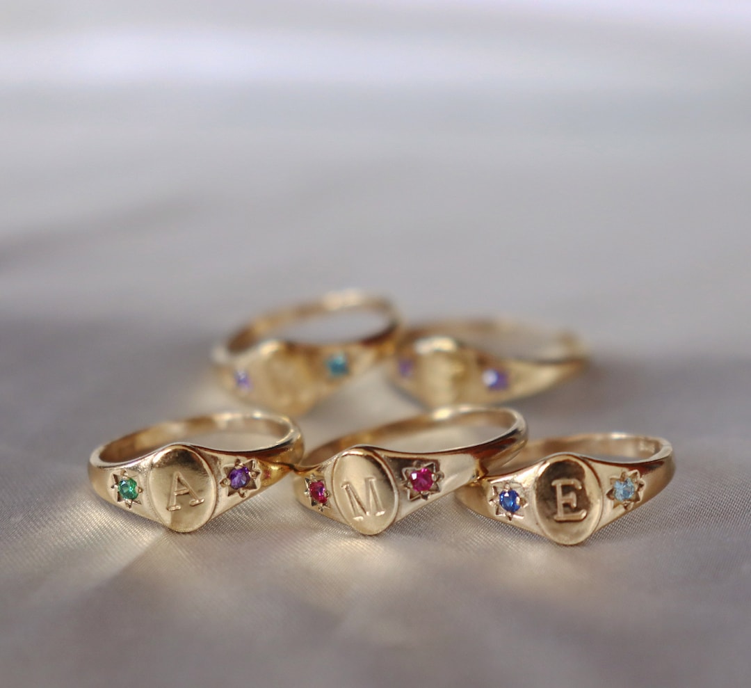 Dainty Birthstone Initial Signet Ring: Gold or Silver, Made to Your ...