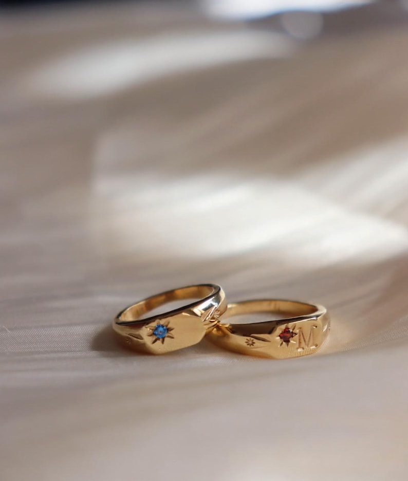 Dainty Birthstone Initial Signet Ring: Sterling Silver or Gold Vermeil ...