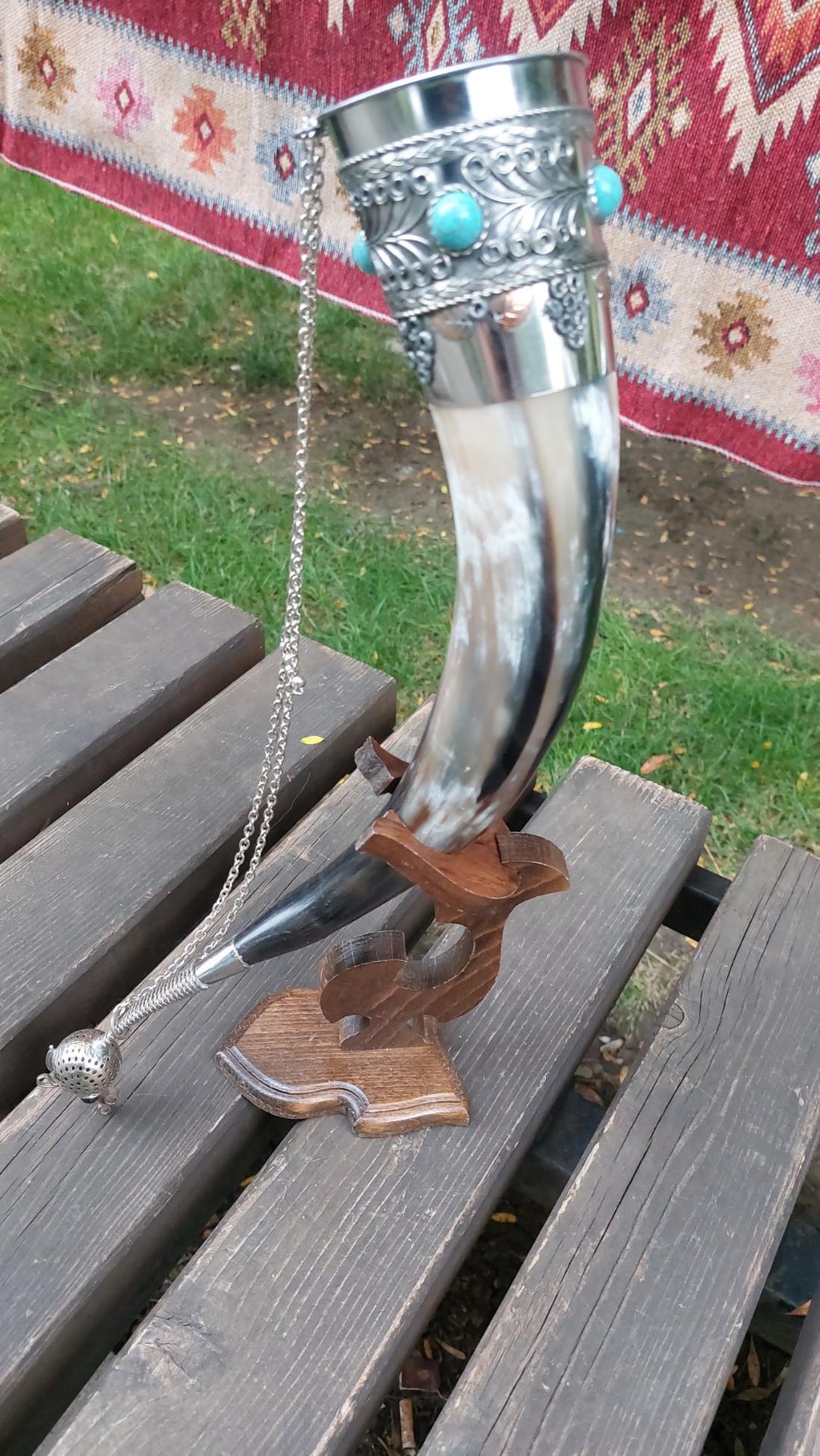 Handmade Drinking Horn With Wood Stand. ( Turquoise ) - Etsy