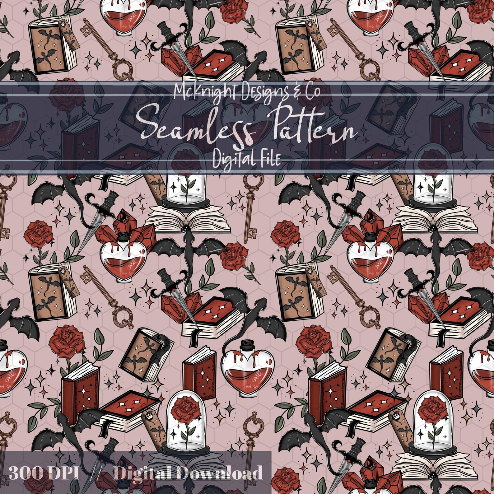 Romantasy Bookish Seamless Pattern - Dark Feminine Romance Fantasy ...