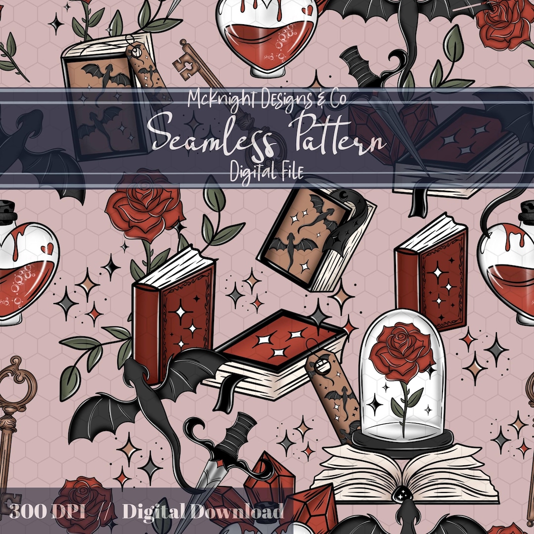 Romantasy Bookish Seamless Pattern - Dark Feminine Romance Fantasy ...