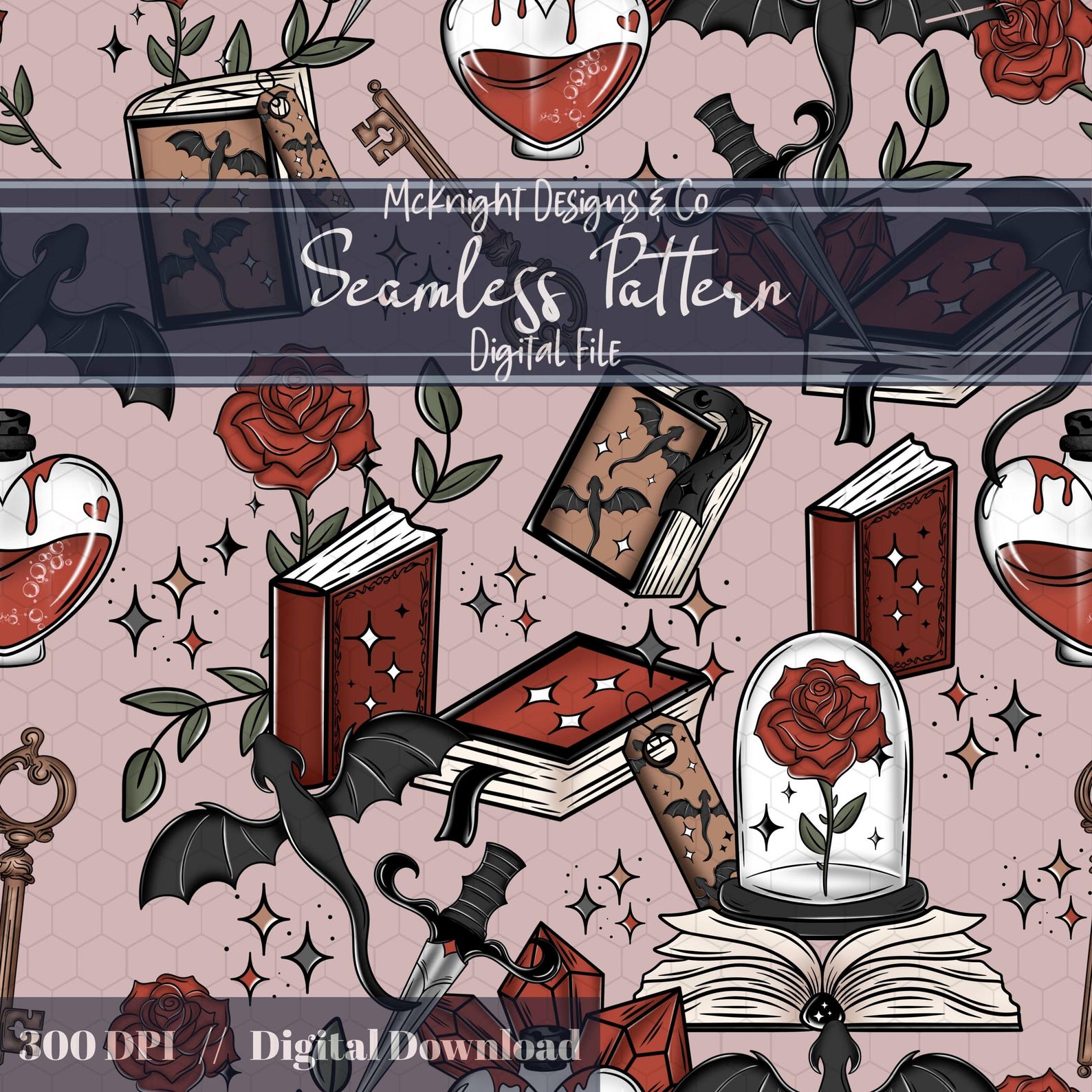 Romantasy Bookish Seamless Pattern - Dark Feminine Romance Fantasy ...