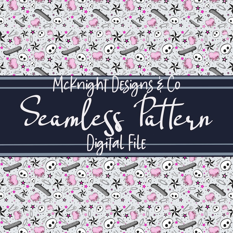 Elder Emo Skulls & Skateboard Seamless Pattern Light Gray Stars ...