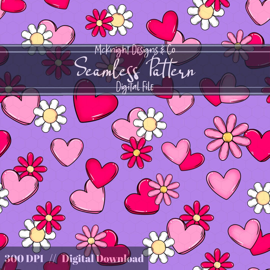 Valentine Hearts & Daisy Seamless Pattern PNG, Pink Love Repeat, Floral ...