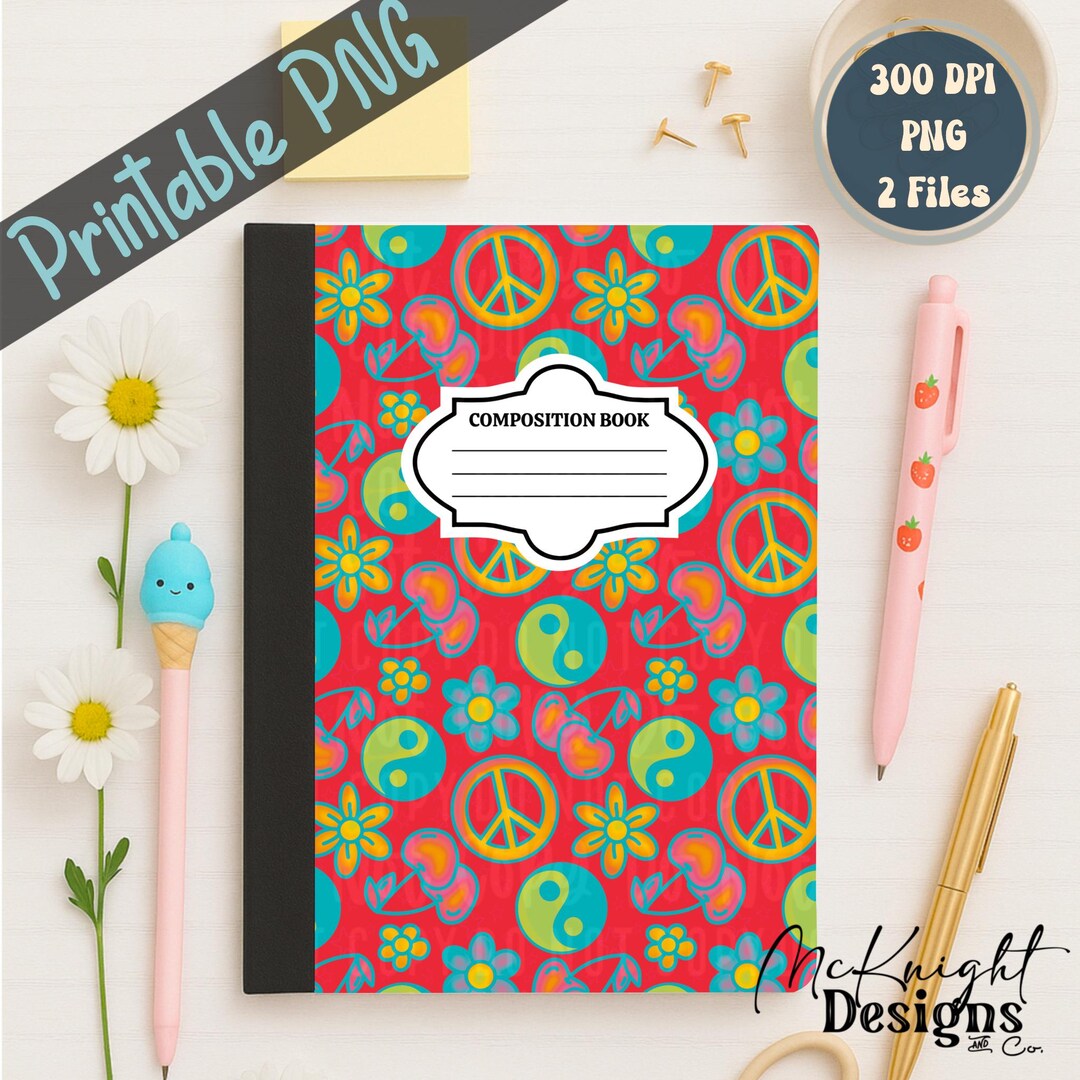 Composition Notebook Cover Printable Vinyl PNG Groovy Peace Sign Back ...