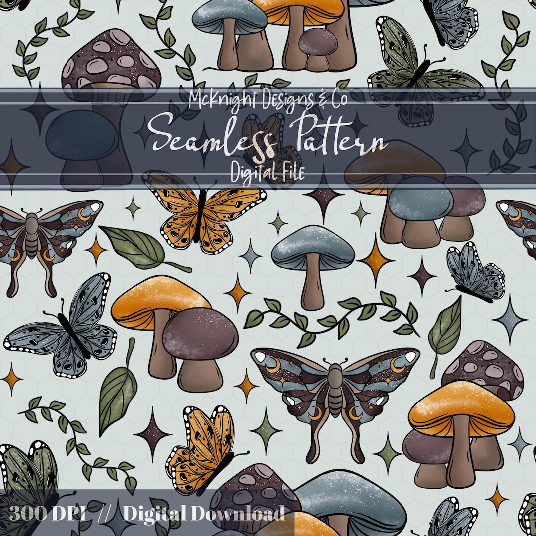 Goblincore Mushroom Moth Pattern Dark Cottagecore Seamless Digital ...