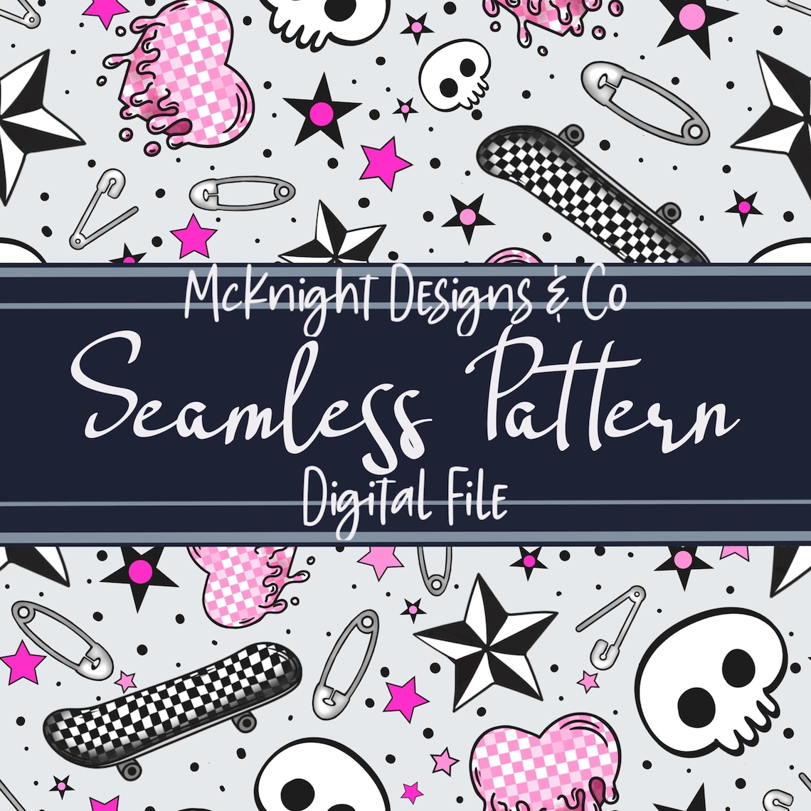 Elder Emo Skulls & Skateboard Seamless Pattern Light Gray Stars ...