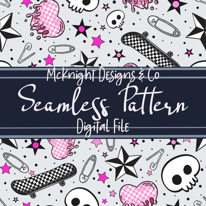 Elder Emo Skulls & Skateboard Seamless Pattern Light Gray Stars ...