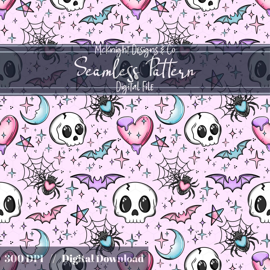Kawaii Pastel Halloween Seamless Pattern | Girly Cute Spooky Skull Bats ...