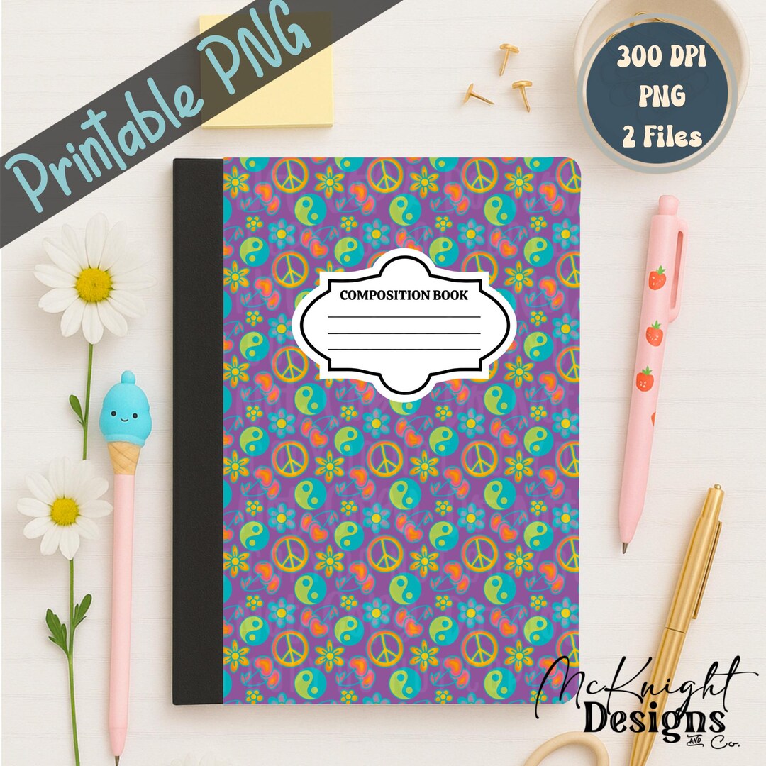 Groovy Purple Notebook Cover Printable PNG | Peace Sign & Retro Design ...
