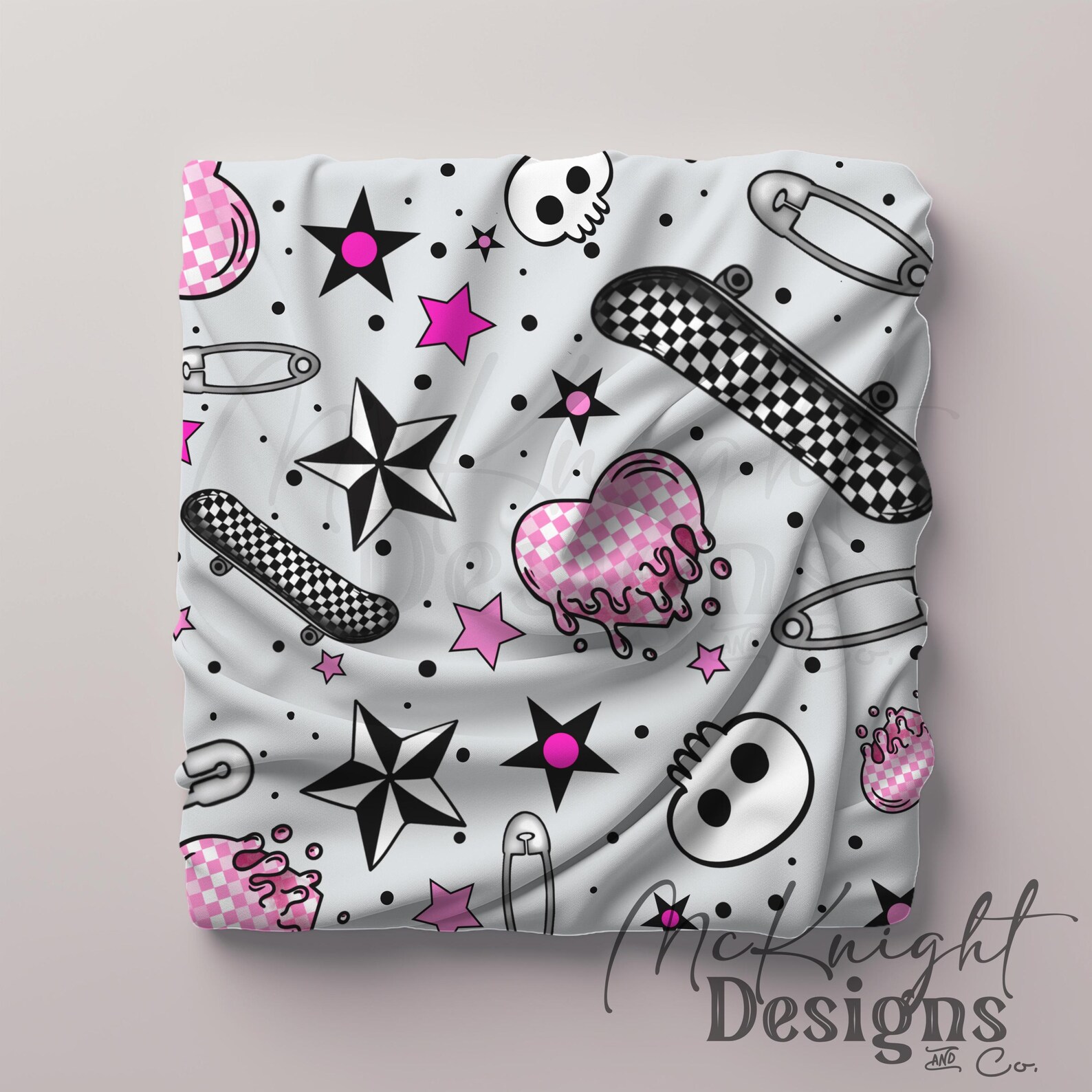 Elder Emo Skulls & Skateboard Seamless Pattern Light Gray Stars ...
