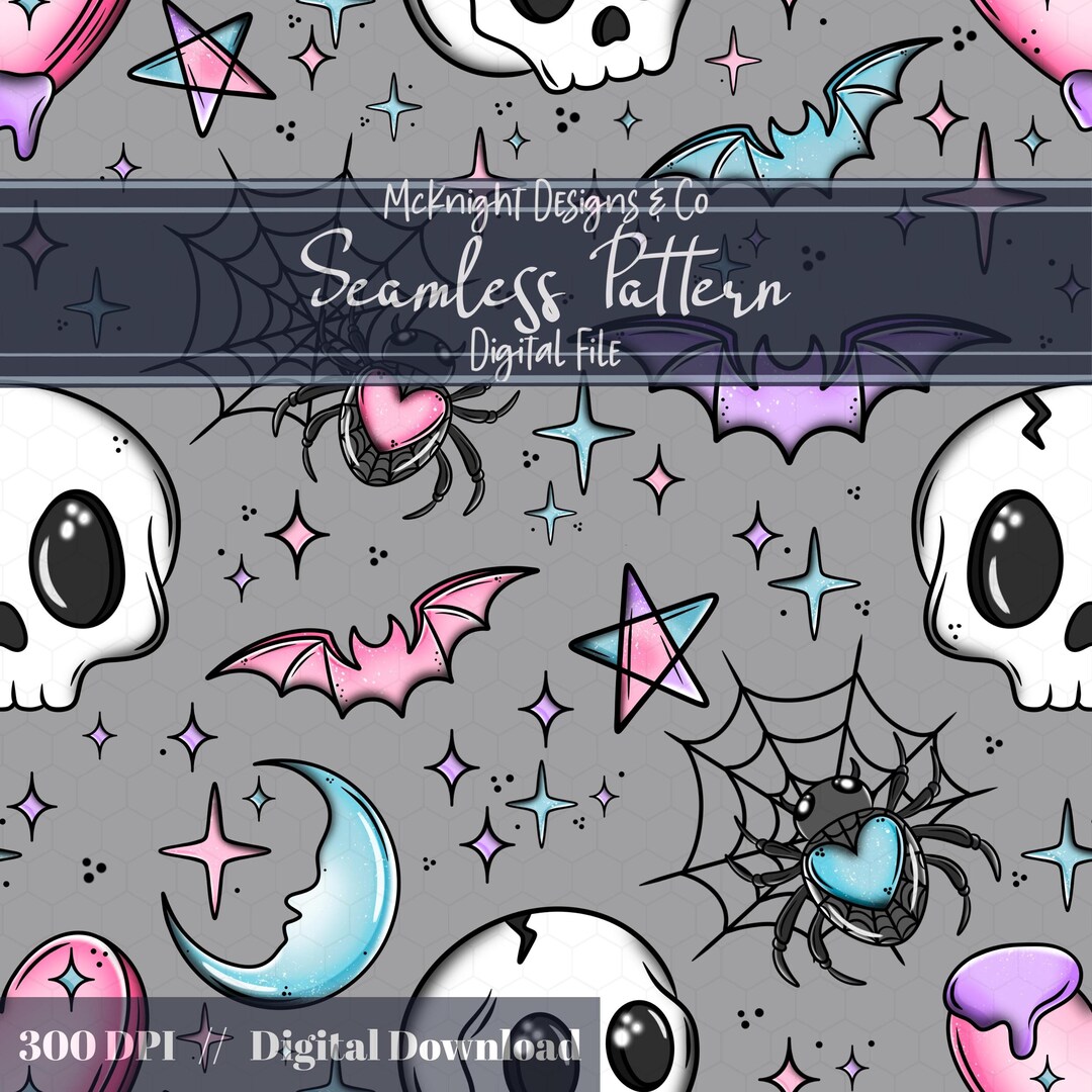Neon Halloween Kawaii Seamless Pattern | Pastel Cute Spooky Skull Bats ...