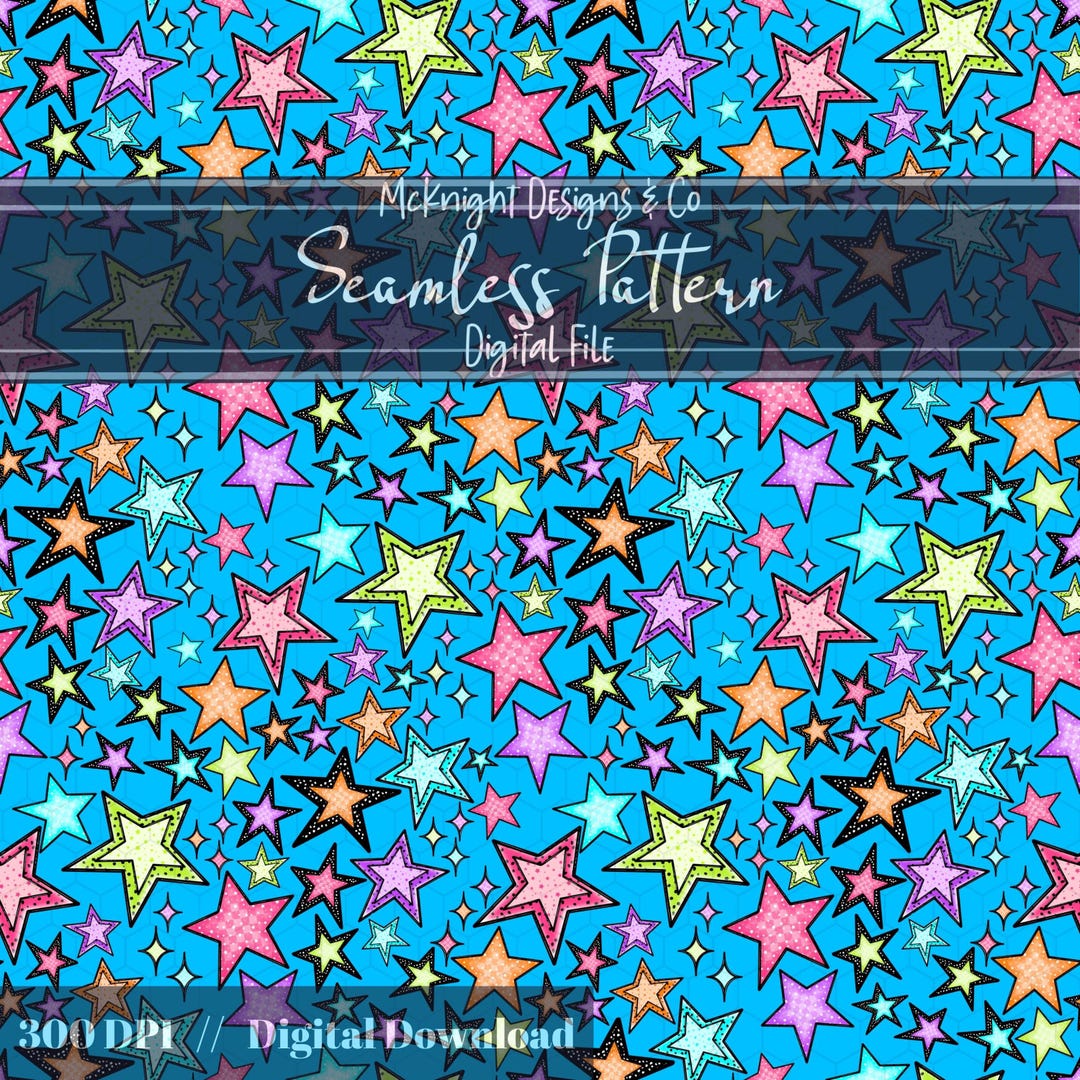 Seamless Neon Star Pattern PNG Digital Paper Colorful Retro Y2K 90s ...
