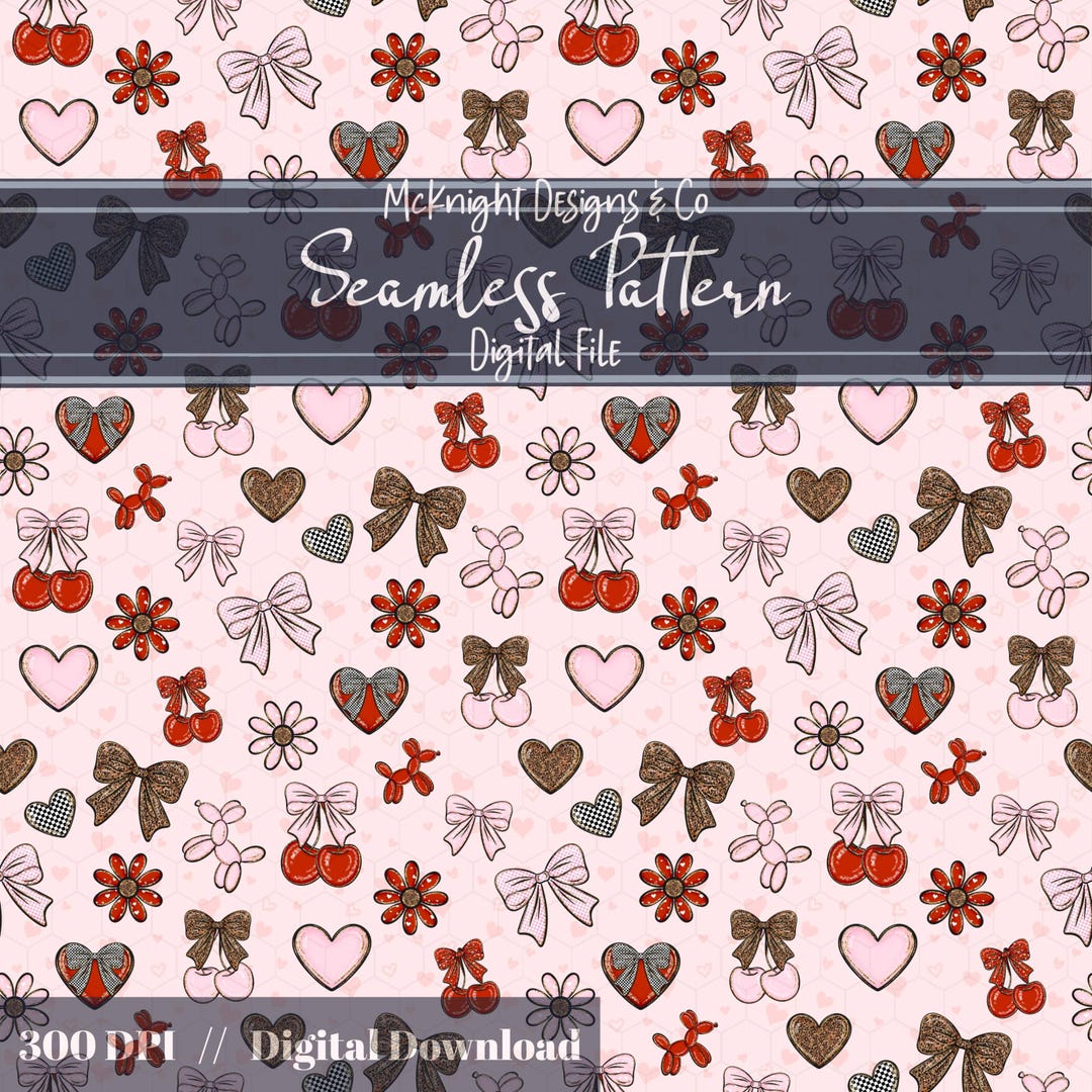 Cherry Bow Coquette Seamless Pattern, Valentine Hearts Digital Paper ...