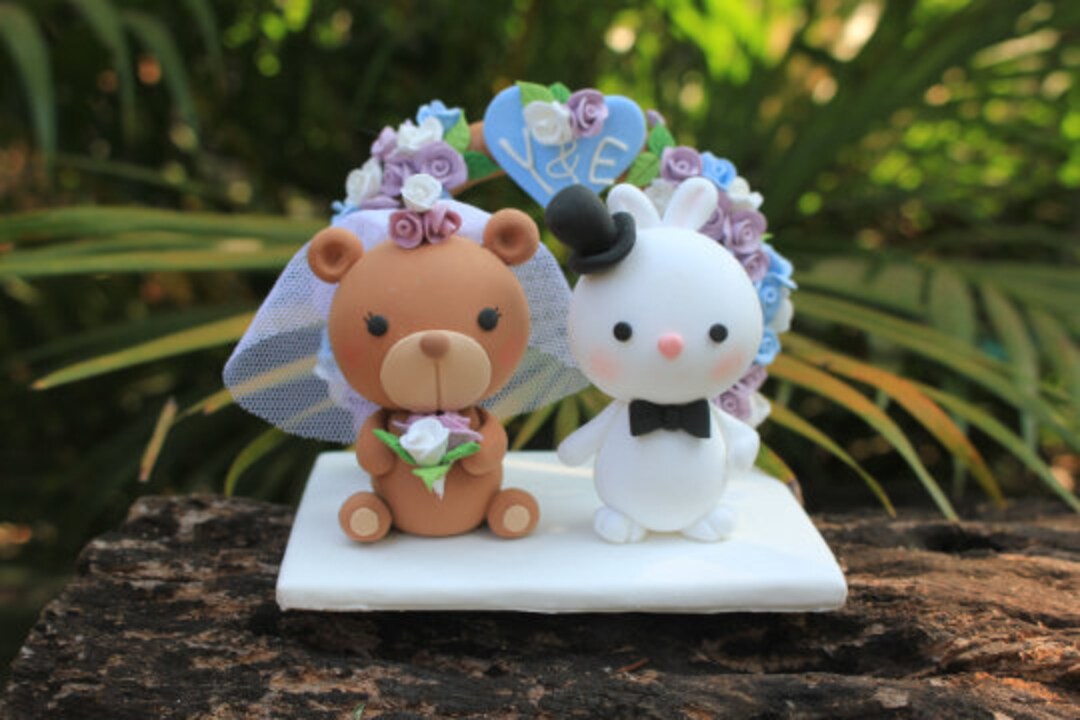 Teddy Bride and Bunny Groom With Flower Arch Wedding Cake Topper Clay ...