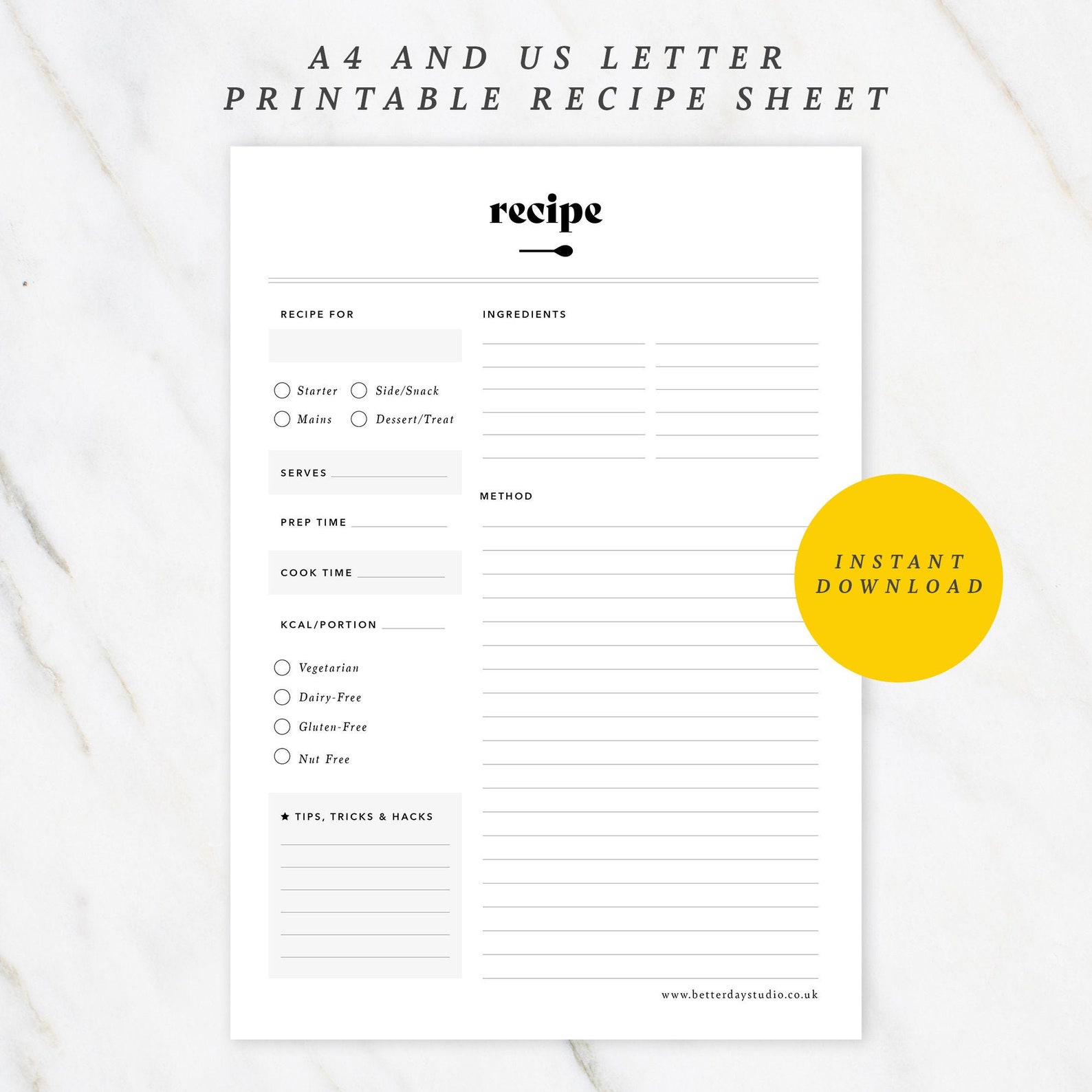 Printable Recipe Card A4 and US Letter PDF Instant - Etsy